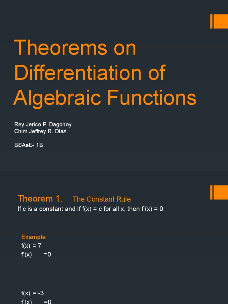 Theorems On Differentiation of Algebraic Functions: Rey Jerico P. Dagohoy Chim Jeffrey R. Diaz ...