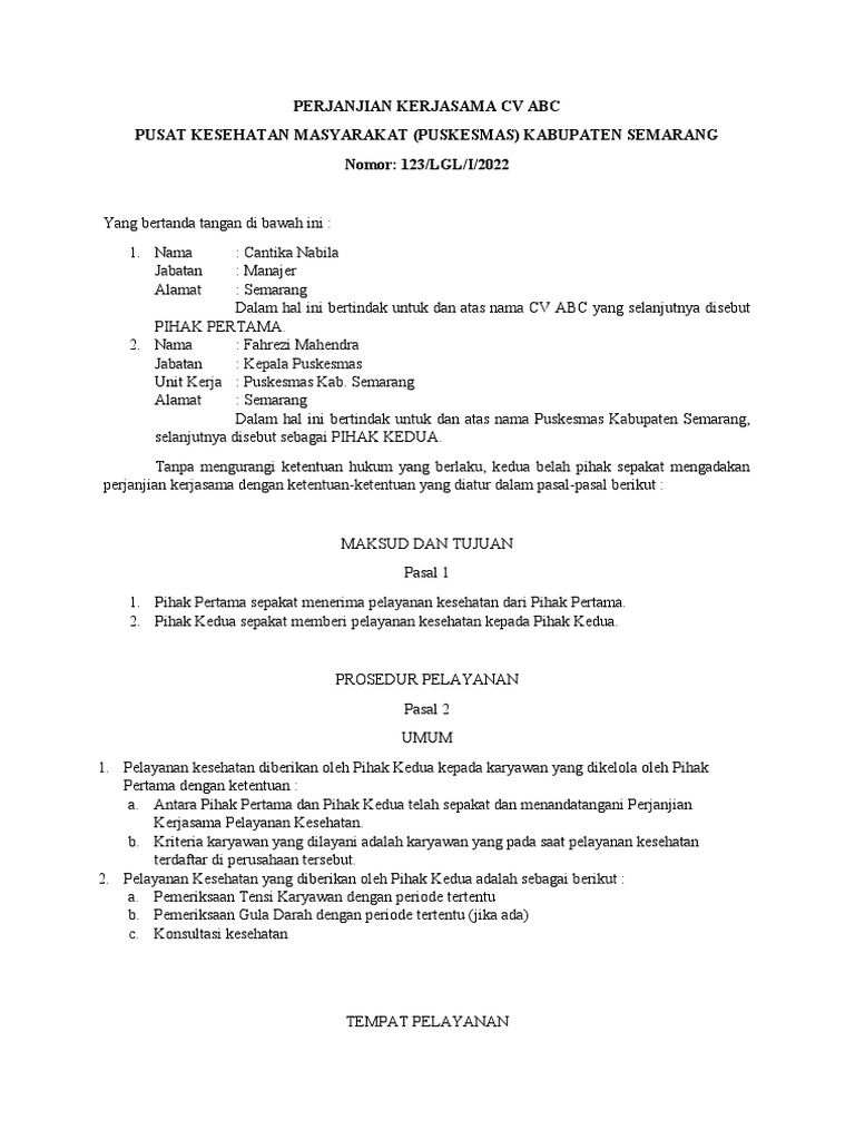 Contoh Perjanjian Kerjasama Puskesmas Pdf