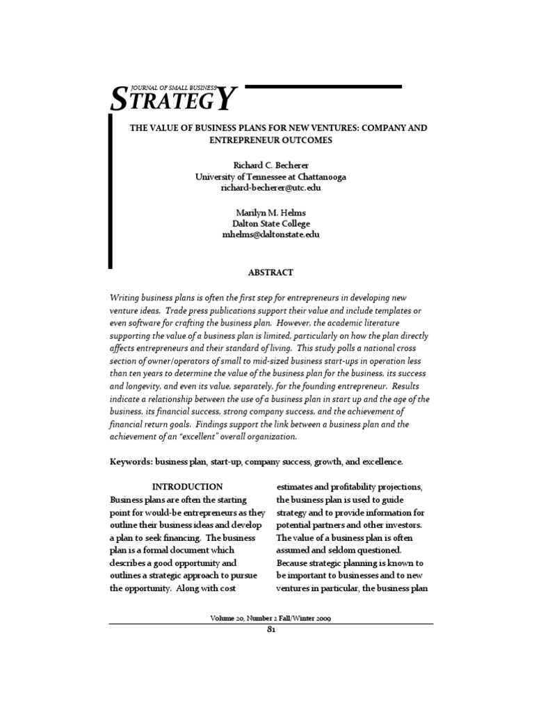 Trateg: The Value of Business Plans For New Ventures: Company and Entrepreneur Outcomes | PDF ...
