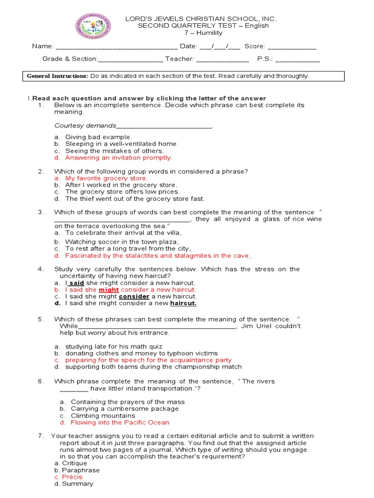 English Test for Grade 7 Students | PDF | Earthquakes
