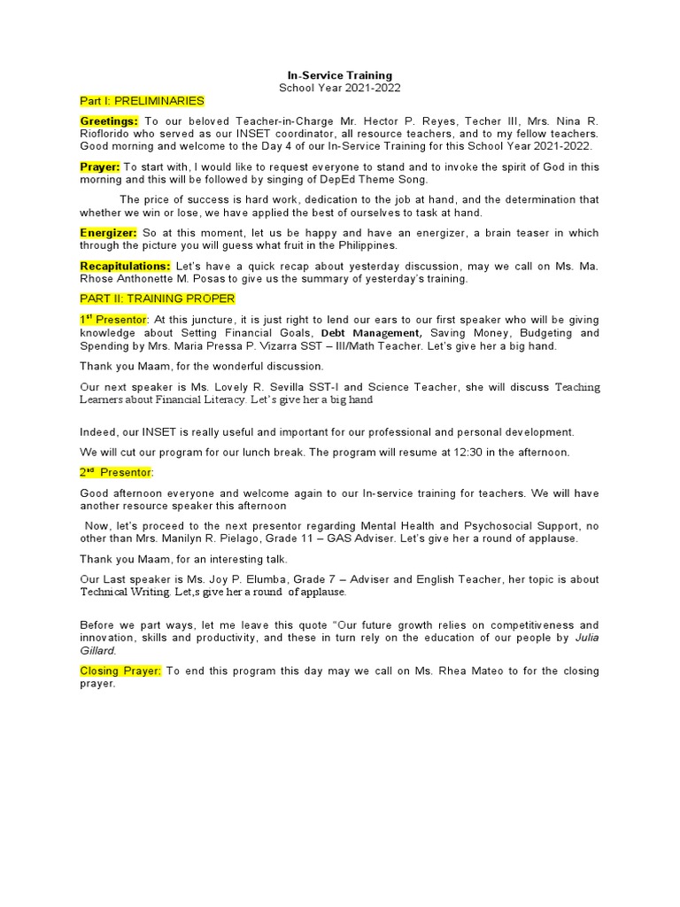 INSET Day 3 Program | PDF