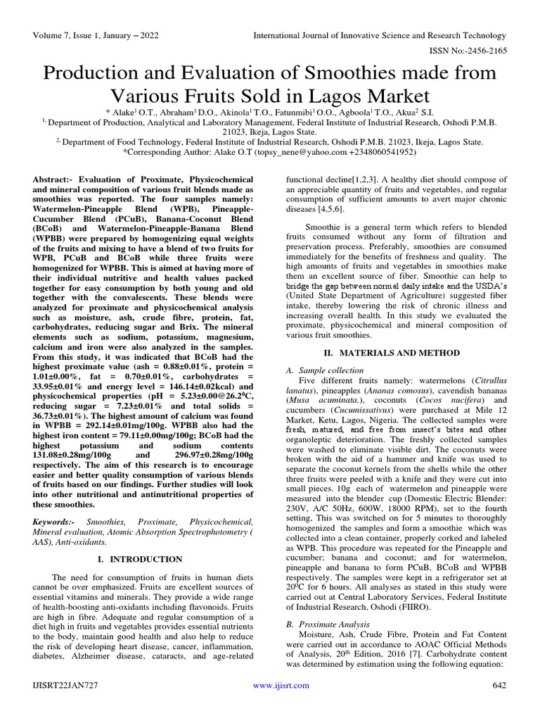 Production and Evaluation of Smoothies Made From Various Fruits Sold in ...
