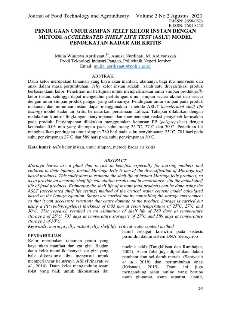 Pendugaan Umur Simpan Jelly Kelor Instan Dengan Metode Accelerated ...