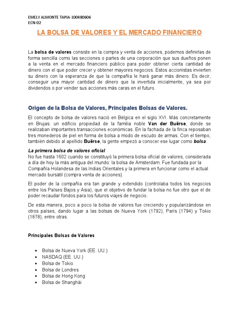 La Bolsa de Valores y El Mercado Financiero-1 | PDF | Bolsa | Bancos