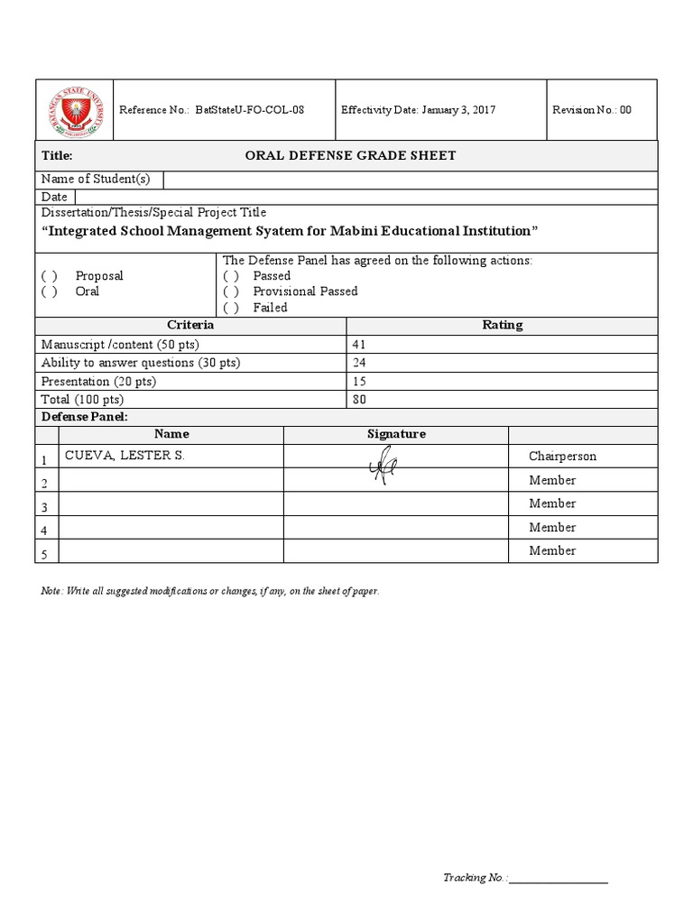 MABINI CUEVA BatStateU FO COL 08 - Oral Defense Grade Sheet | PDF