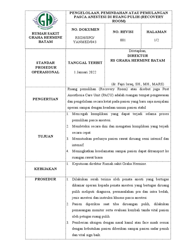 SOP Recovery Room | PDF