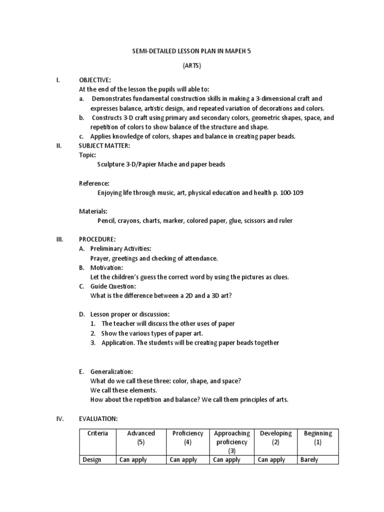 SEMI-detailed Lesson Plan. P.E | PDF | Design | Lesson Plan