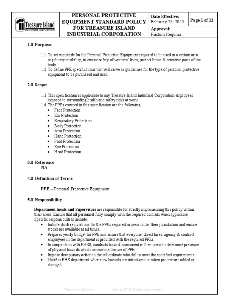Personal Protective Equipment Standard Policy For Treasure Island ...