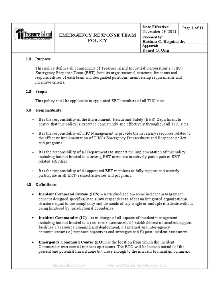 ERT Roles and Responsibilities Policy | PDF | Emergency | Firefighting