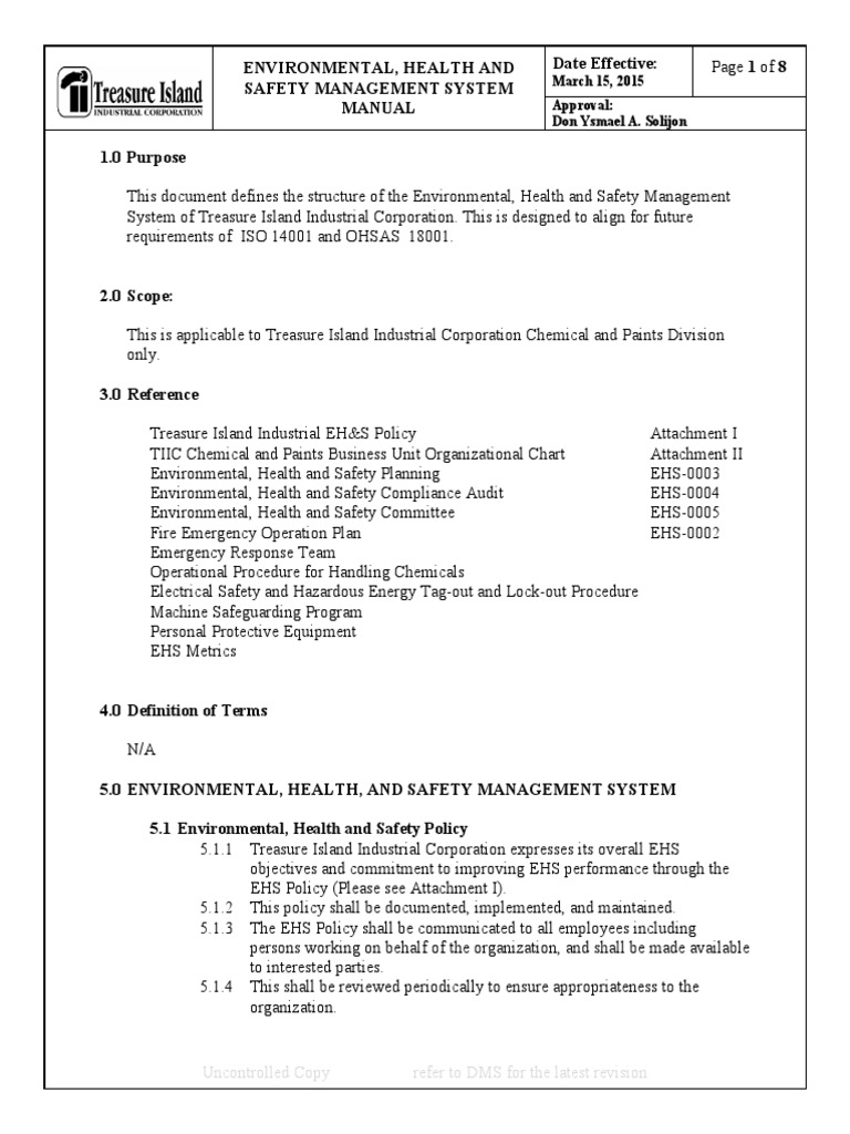 EHS Management System Manual for TIIC | PDF | Occupational Safety And ...