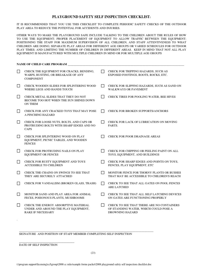 Playground Safety Self Inspection Checklist | PDF | Playground | Toys