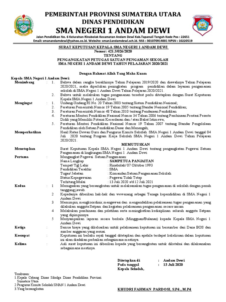 SK Satpam Dan Penjaga Sekolah KTAS Wakasek Revisi 2020 | PDF