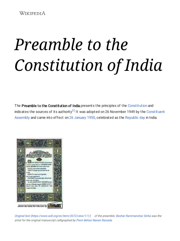 Preamble To The Constitution of India - Wikipedia | PDF ...