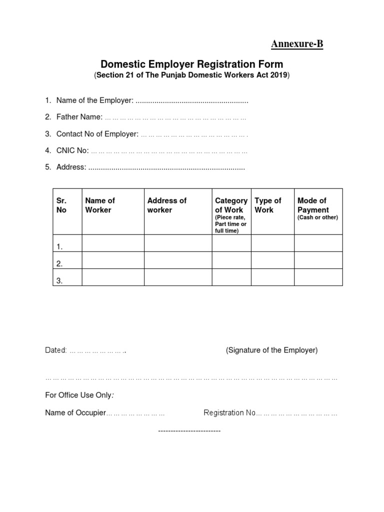 Annexure-B Domestic Employer Registration Form | PDF
