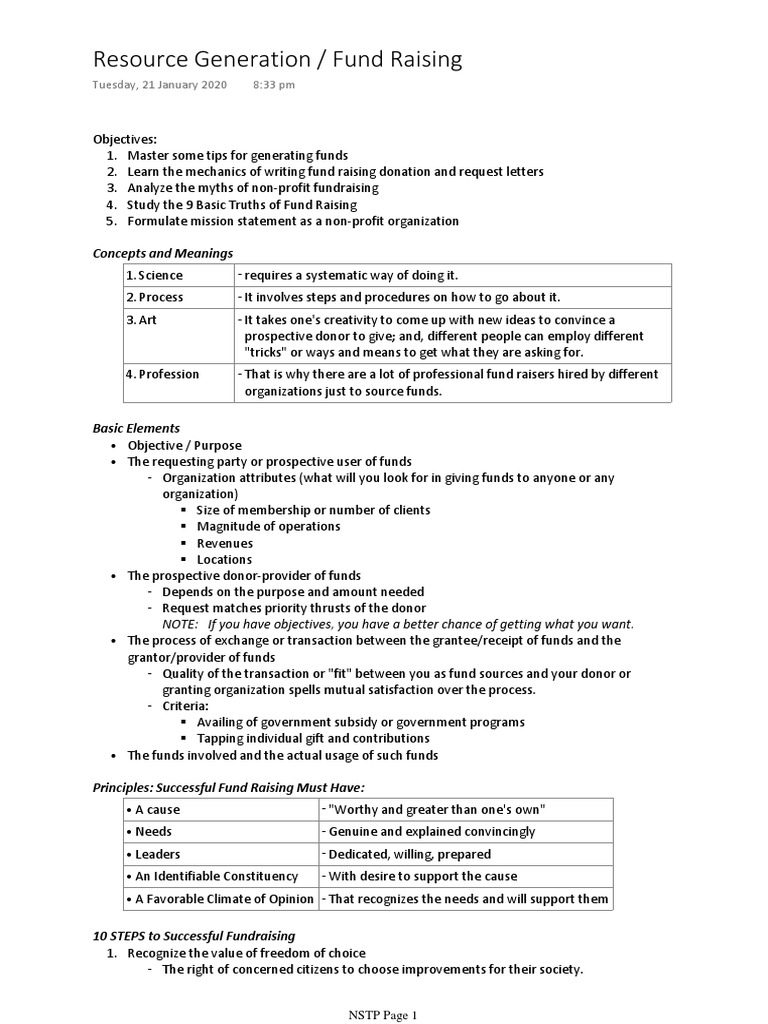 NSTP - Resource Generation Fund Raising | PDF | Fundraising | Economies