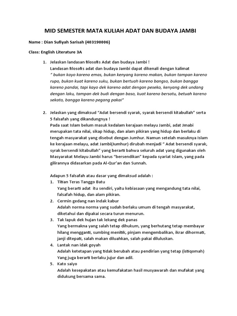 Mid Semester Mata Kuliah Adat Dan Budaya Jambi | PDF | Agama ...