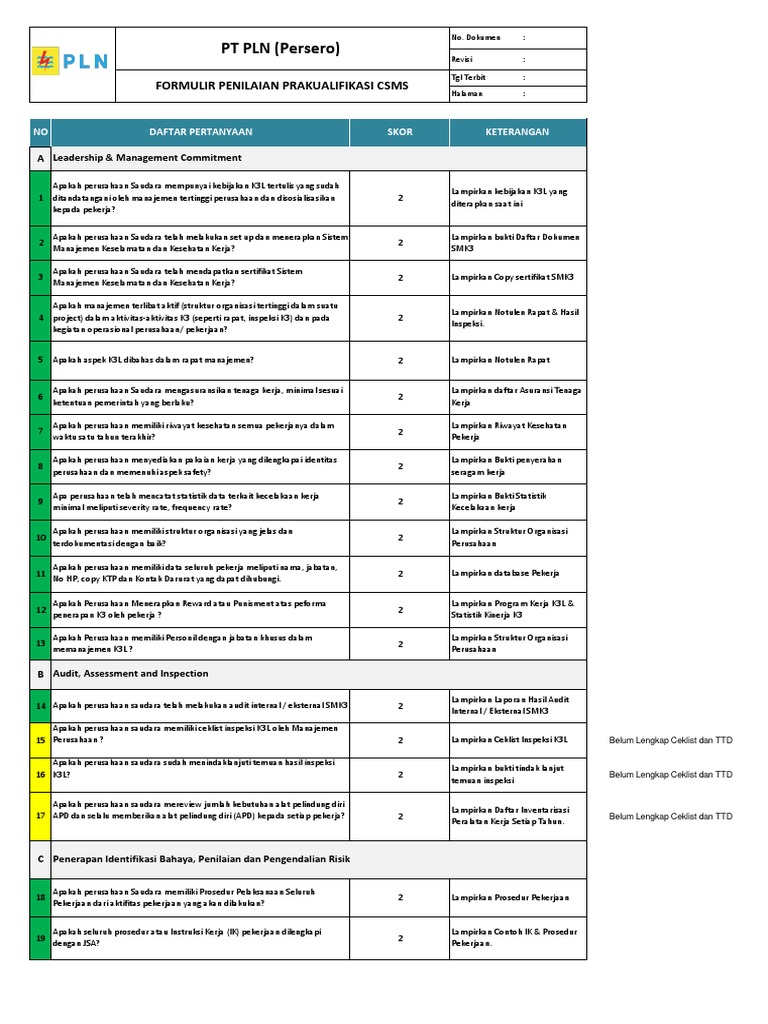 Formulir Penilaian Praktik Keselamatan dan Kesehatan Kerja PT PLN ...