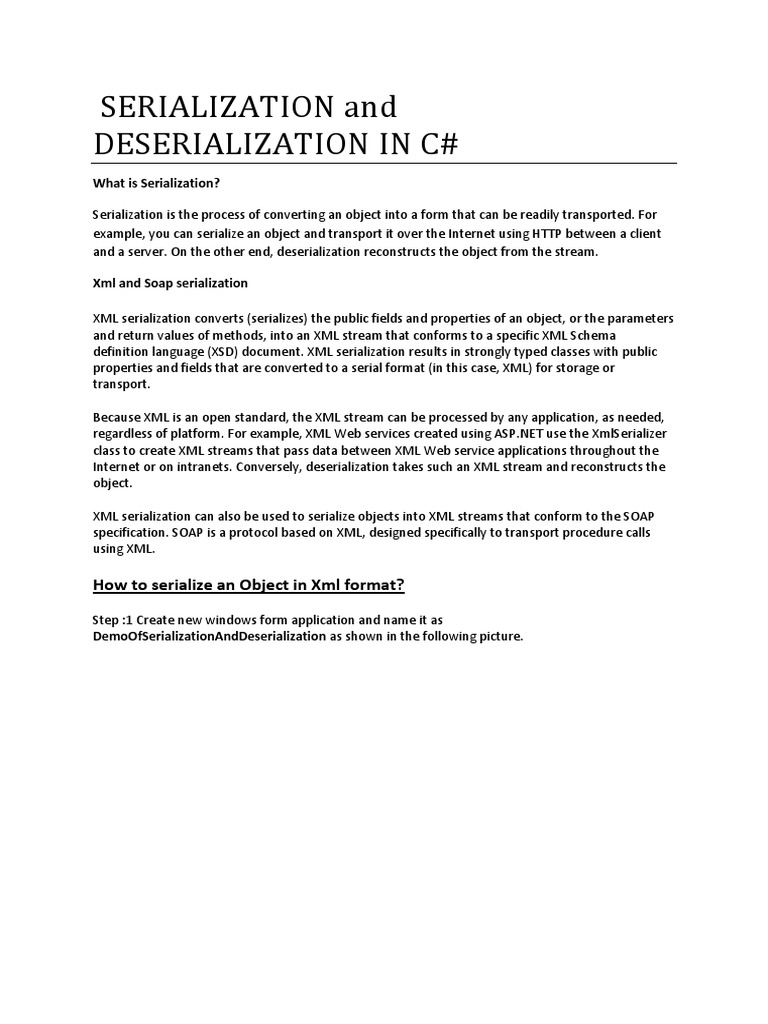 Serialization And Deserialization In C How To Serialize An Object In Xml Format Pdf Xml