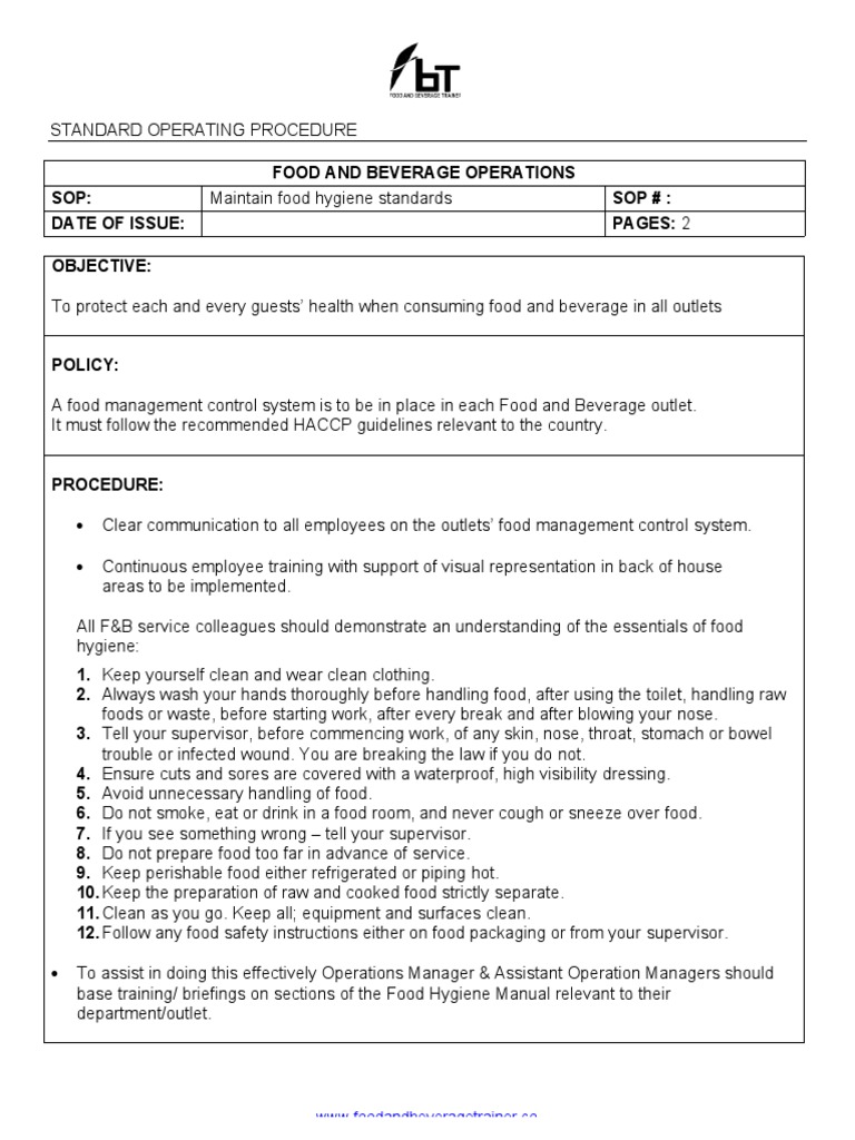 SOP Maintain Food Hygiene Standards | PDF | Foods | Food Safety