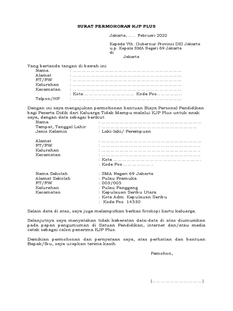Surat Permohonan KJP Plus 2022 | PDF