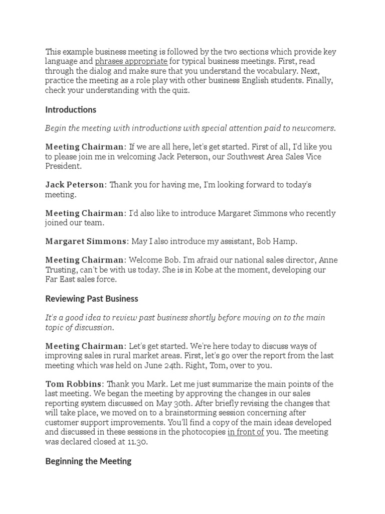 EXAMPLE 1 Meeting Role Play | PDF | Sales | Cognitive Science