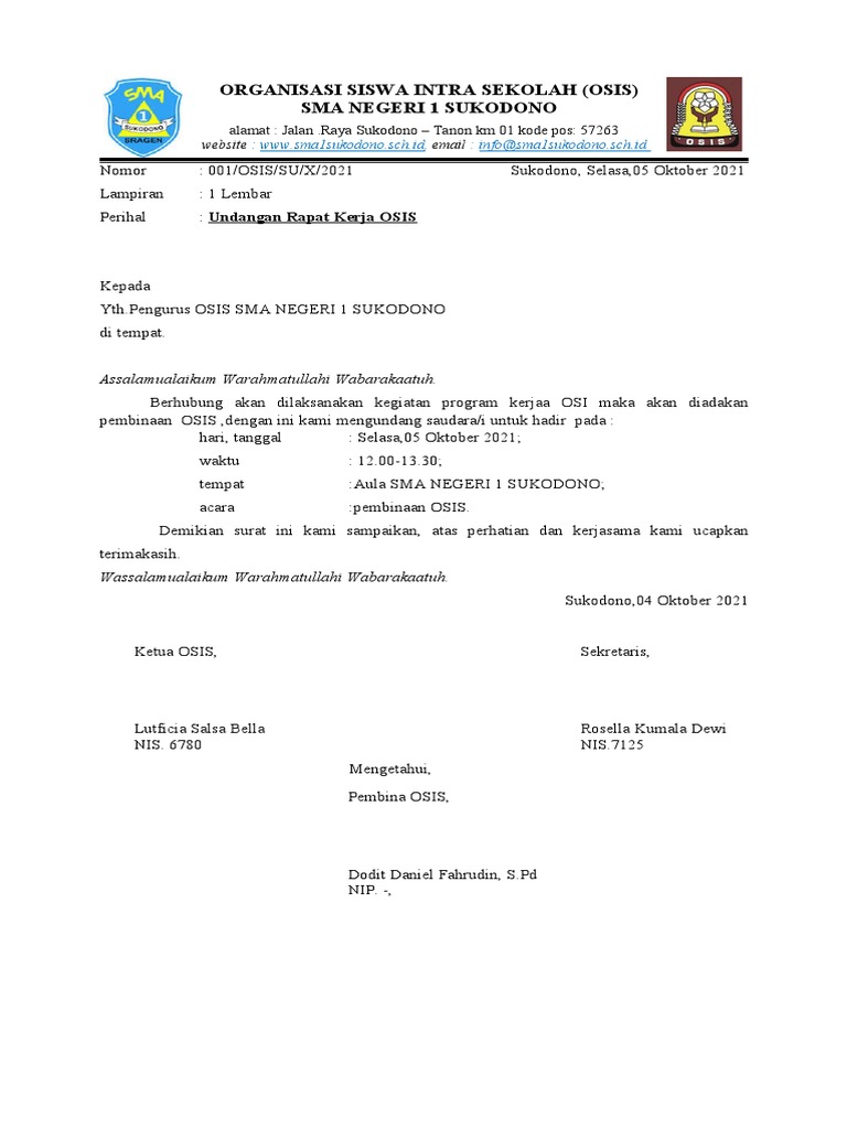 Undangan Rapat Kerja OSIS SMA 1 | PDF