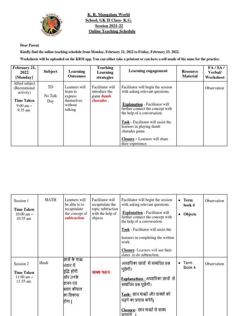 K. R. Mangalam World School, GK II Class-K.G. Session 2021-22 Online ...