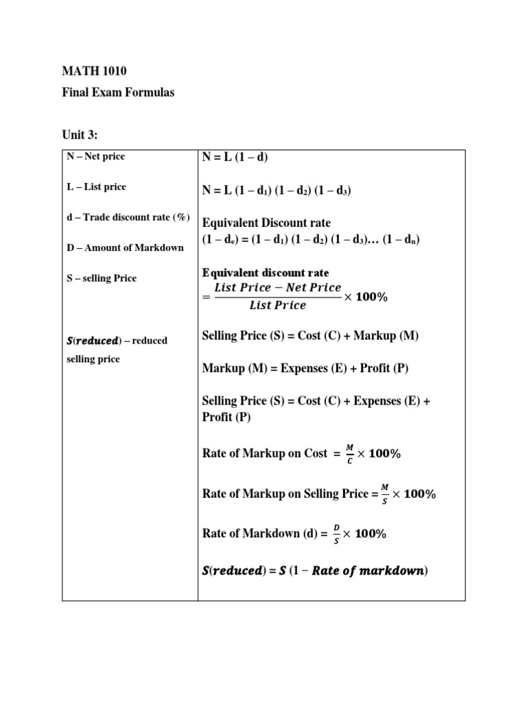 Math 1010 Final Exam Formulas | PDF