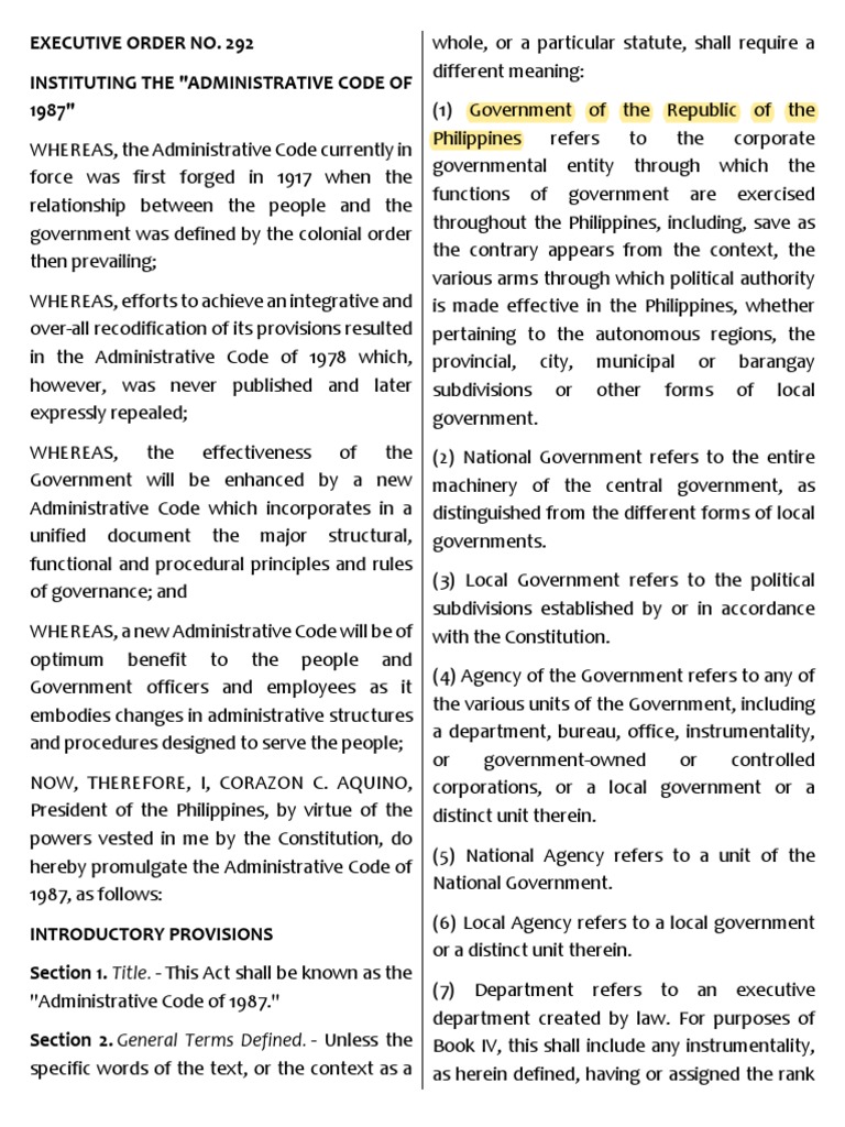 Executive Order No 292 | PDF | Initiative | American Government