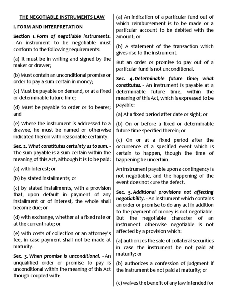 The Negotiable Instruments Law | PDF | Negotiable Instrument | Law Of ...