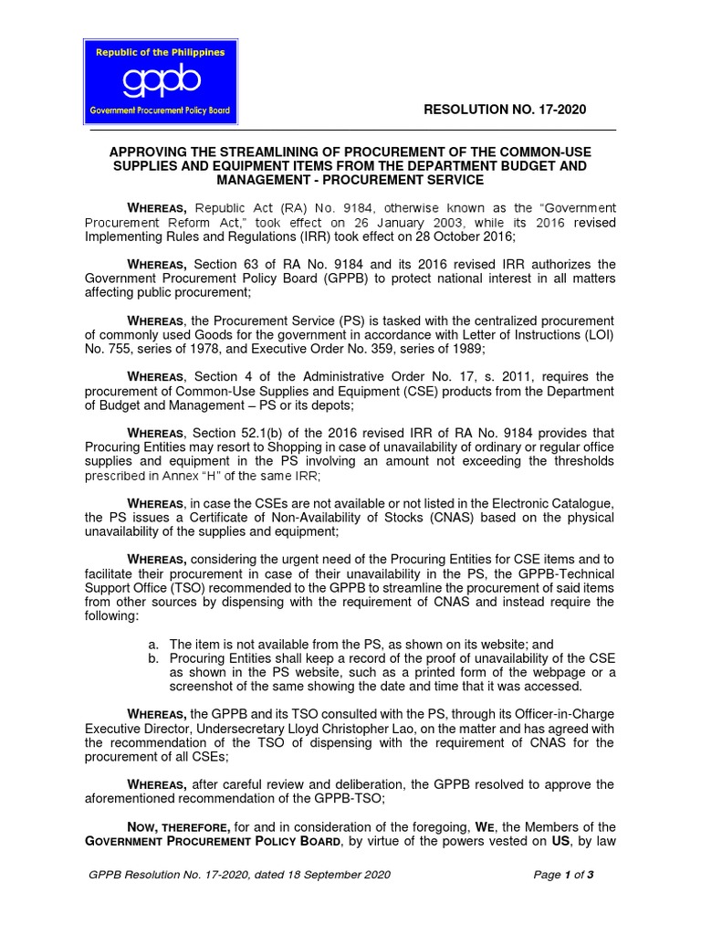 GPPB Resolution No. 17-2020 | PDF | Procurement | Government