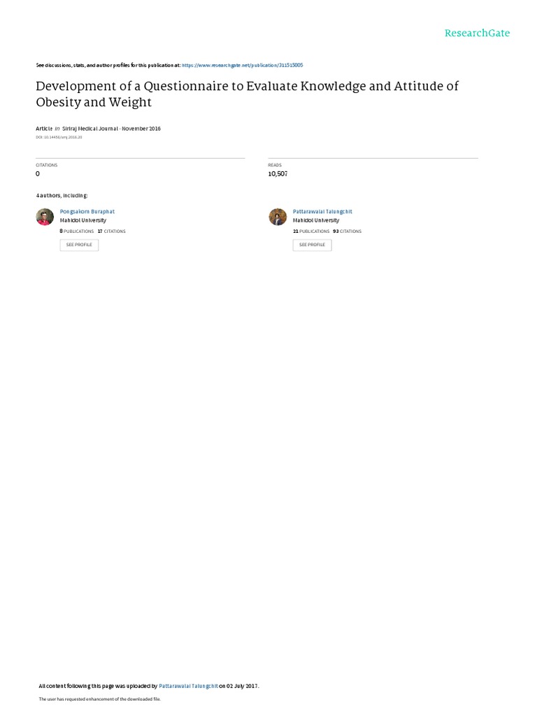 Development of A Questionnaire To Evaluate Knowledge and Attitude of Obesity and Weight | PDF ...