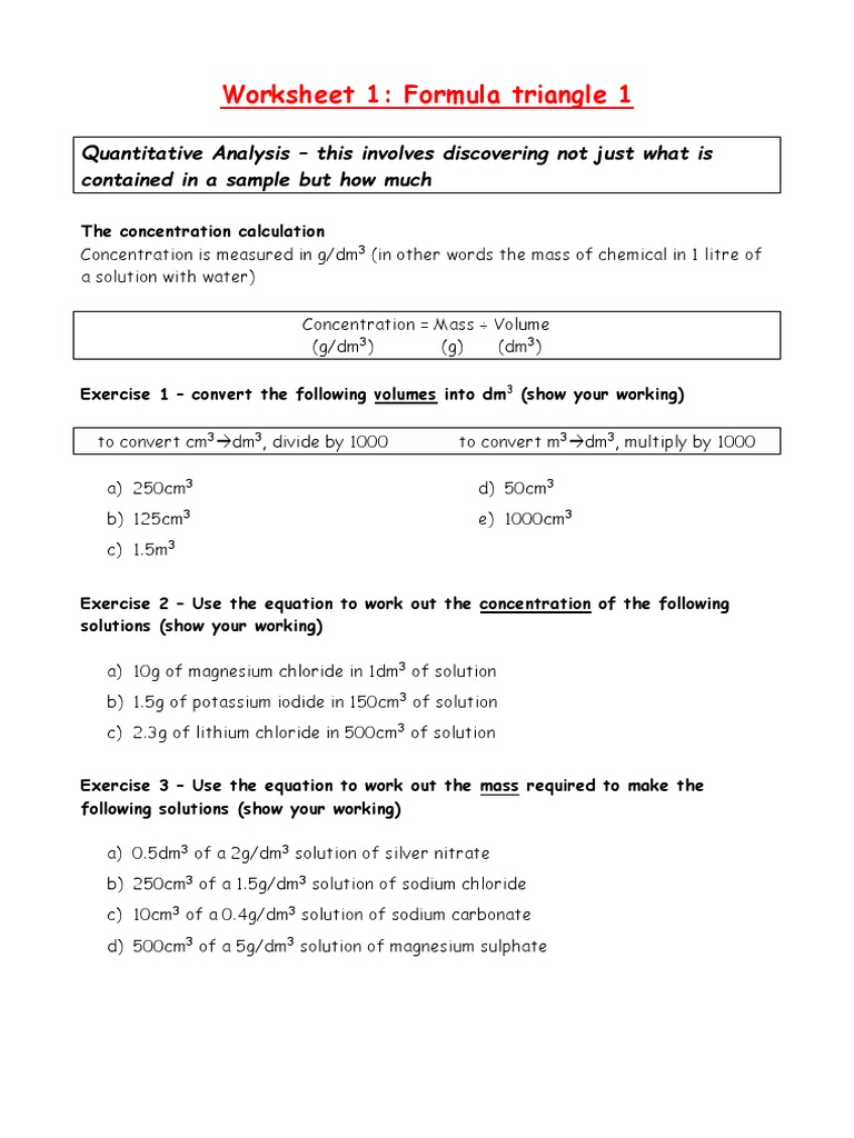 Concentration Formula Worksheet