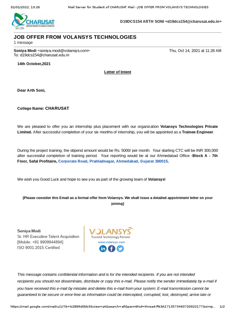 Job Offer From Volansys Technologies: Charusat | PDF | Cyberspace ...