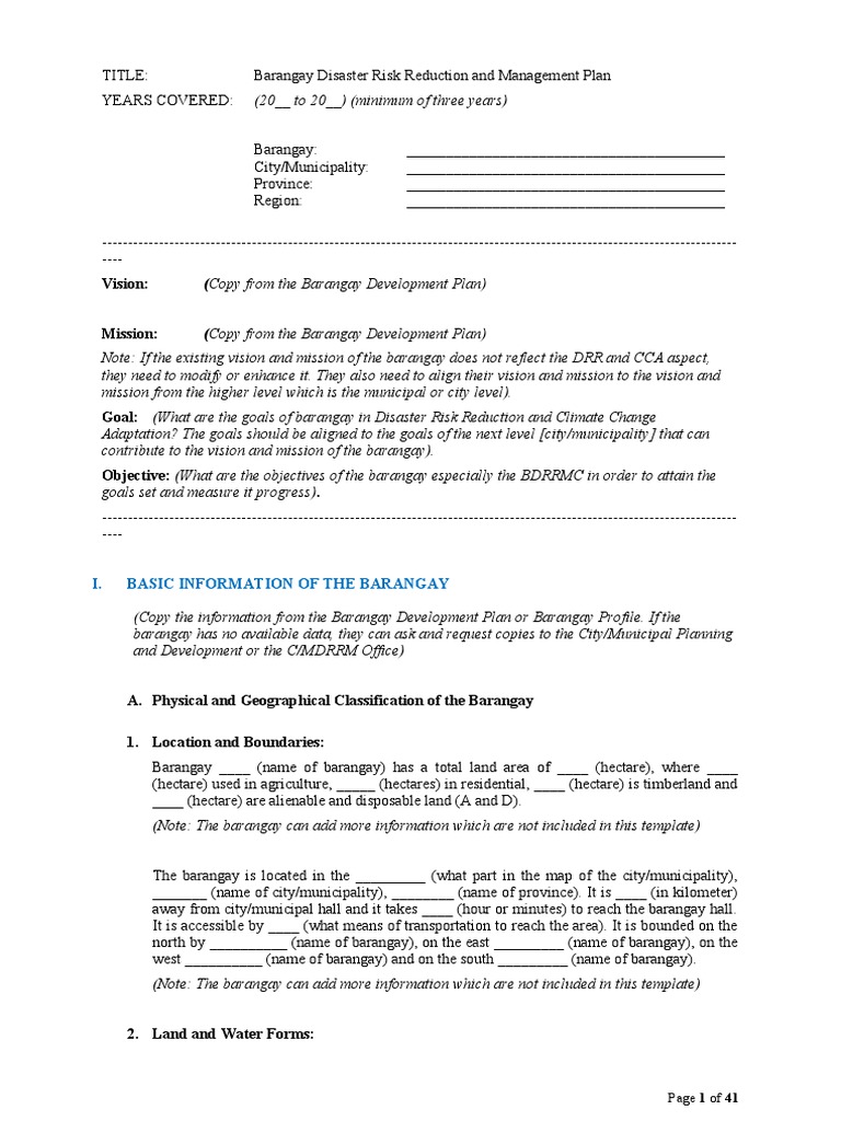 BDRRM Plan Template English - For WS | PDF