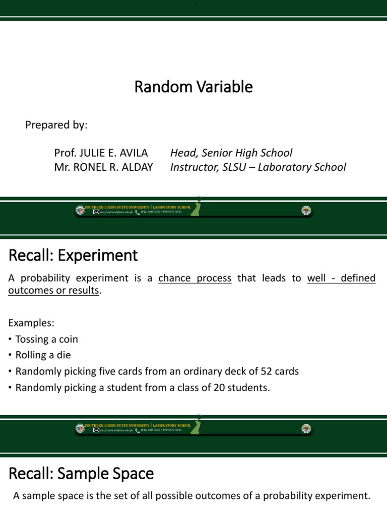 Random Variable: Prepared By: Prof. Julie E. Avila Mr. Ronel R. Alday ...