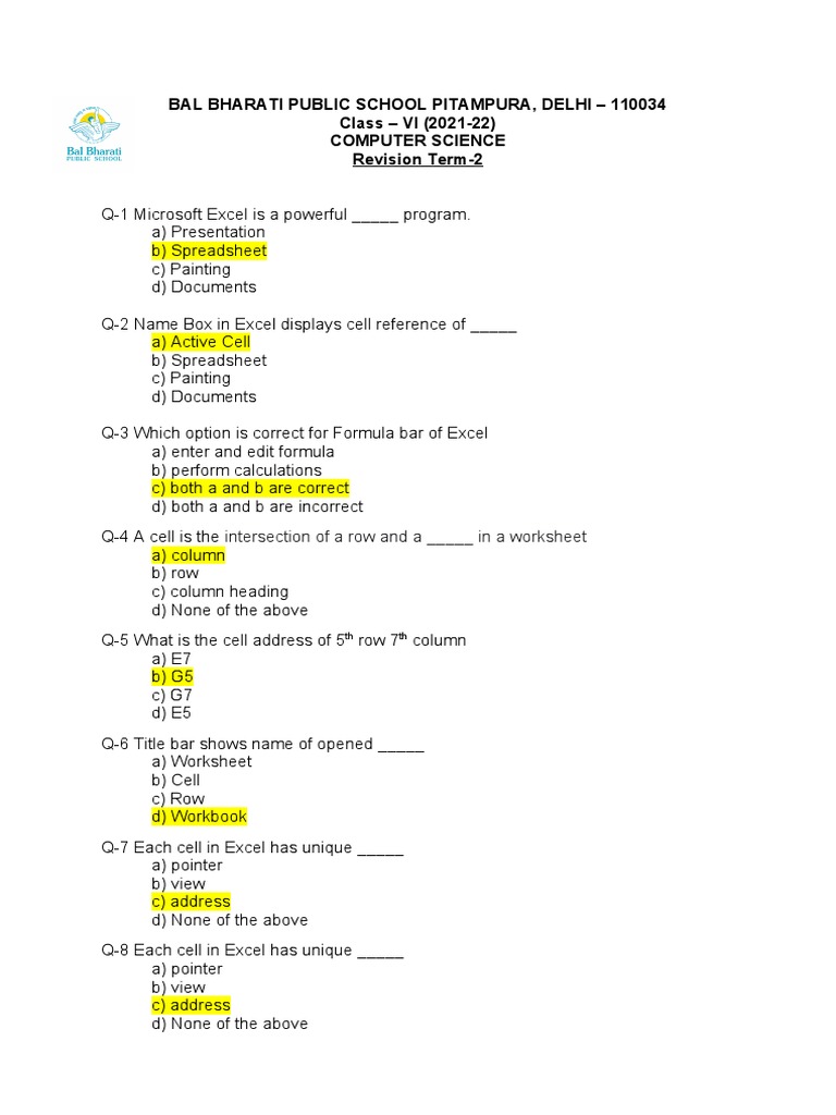 Excel Revision Questions Class 6 Computer Science | PDF | Microsoft ...