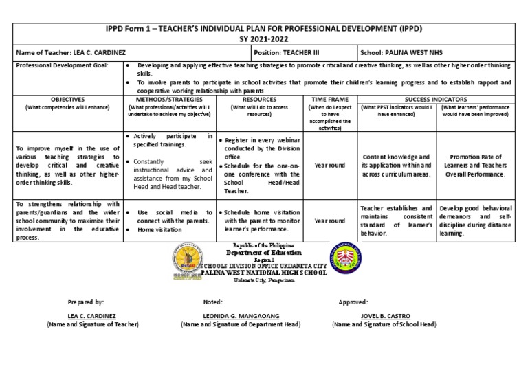 Ippd Form 1 - Teacher'S Individual Plan For Professional Development ...