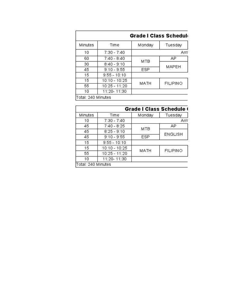 Grade 1 class schedule by quarter | PDF