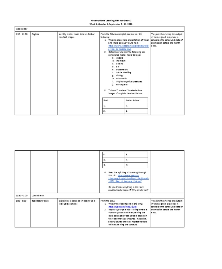 Weekly Home Learning Plan For Grade 7 Week 1, Quarter 1, September 7 ...
