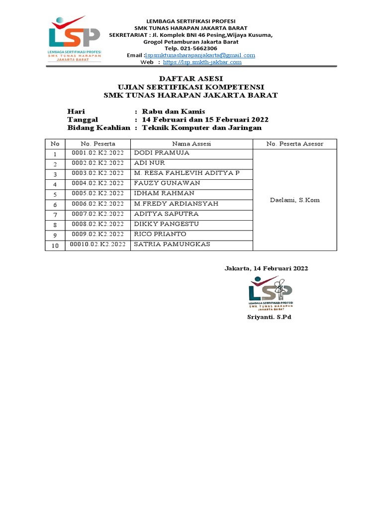 01 Daftar Asesi USK TKJ (Per Asesor) | PDF