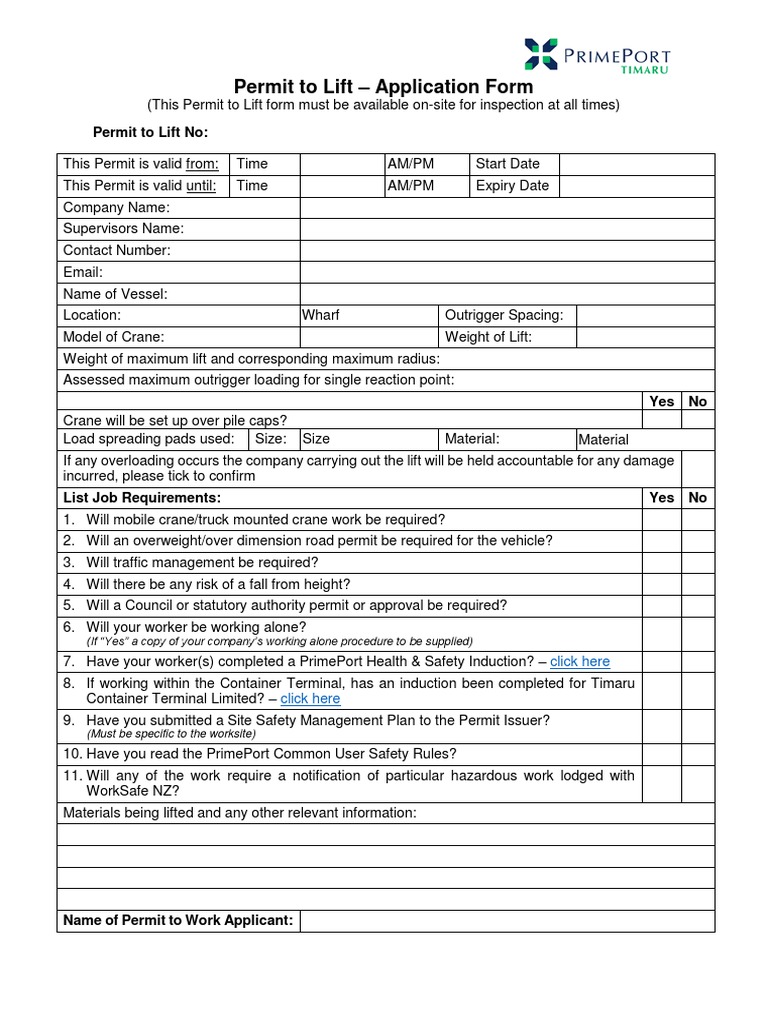 Permit To Lift - Application Form | PDF | Crane (Machine ...