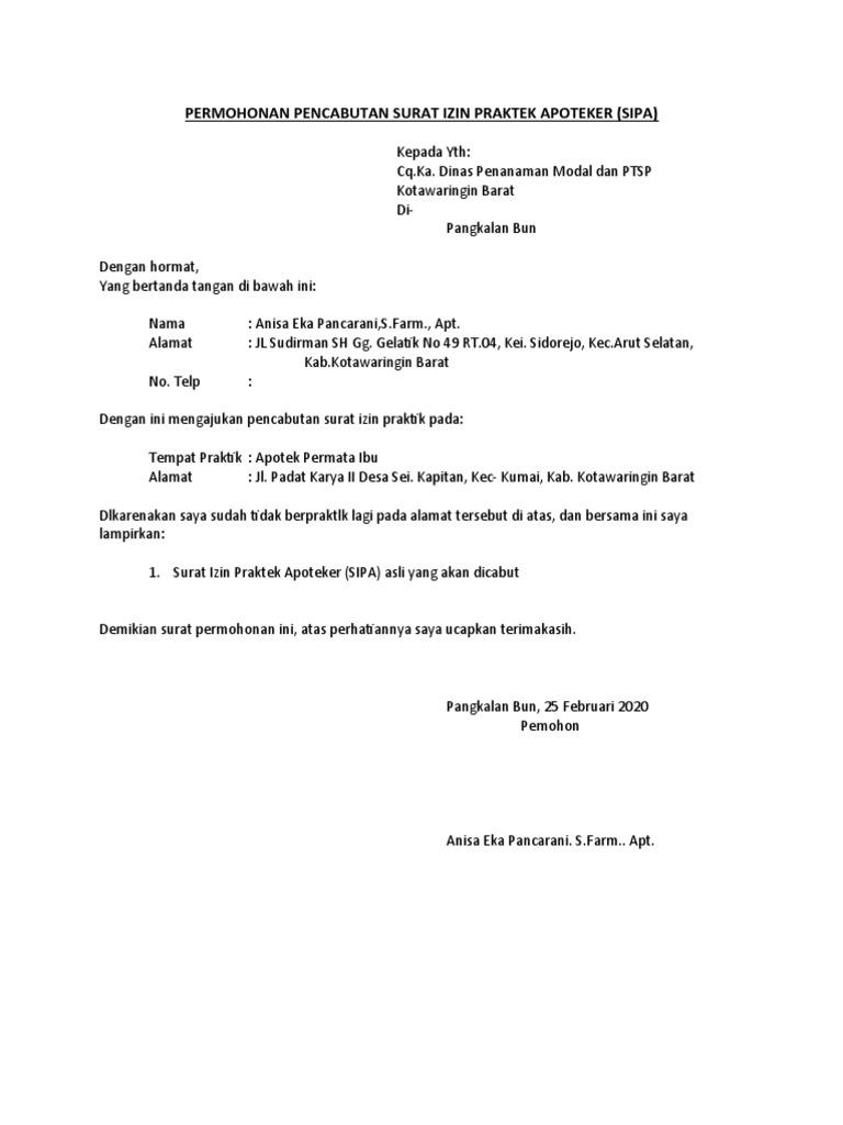 Permohonan Pencabutan Surat Izin Praktek Apoteker | PDF