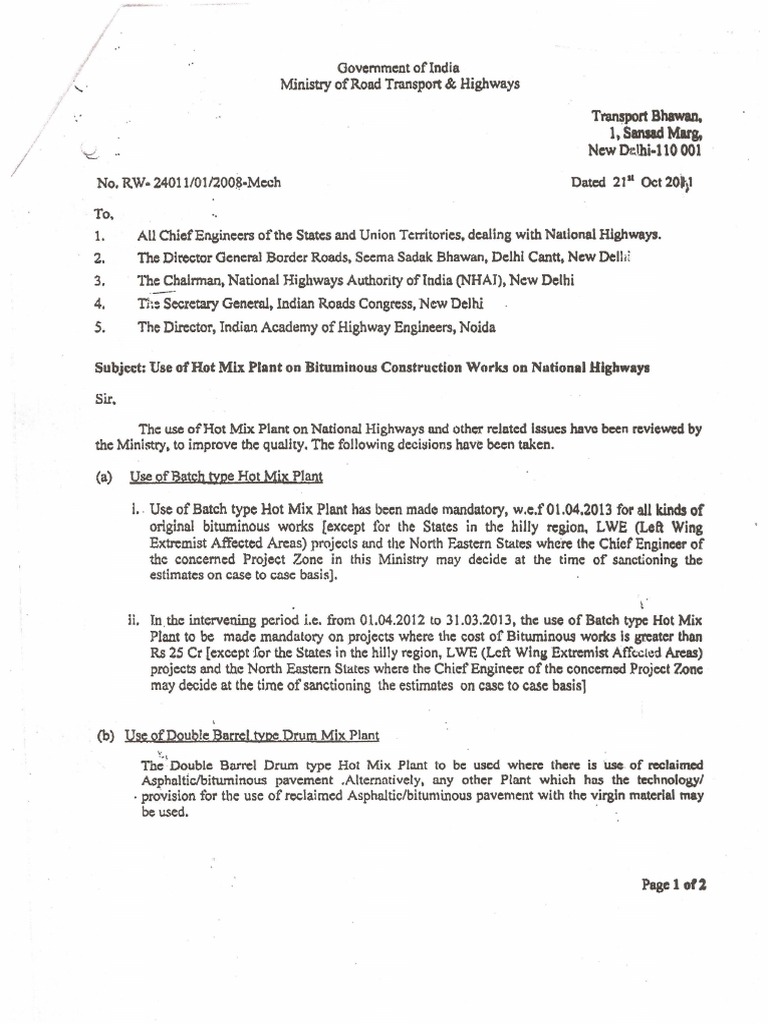 Use of Hot Mix Plant On Bituminous Construction Works On NHs | PDF ...