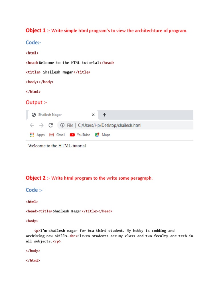 Code:-: Object 1 | PDF | Html | World Wide Web