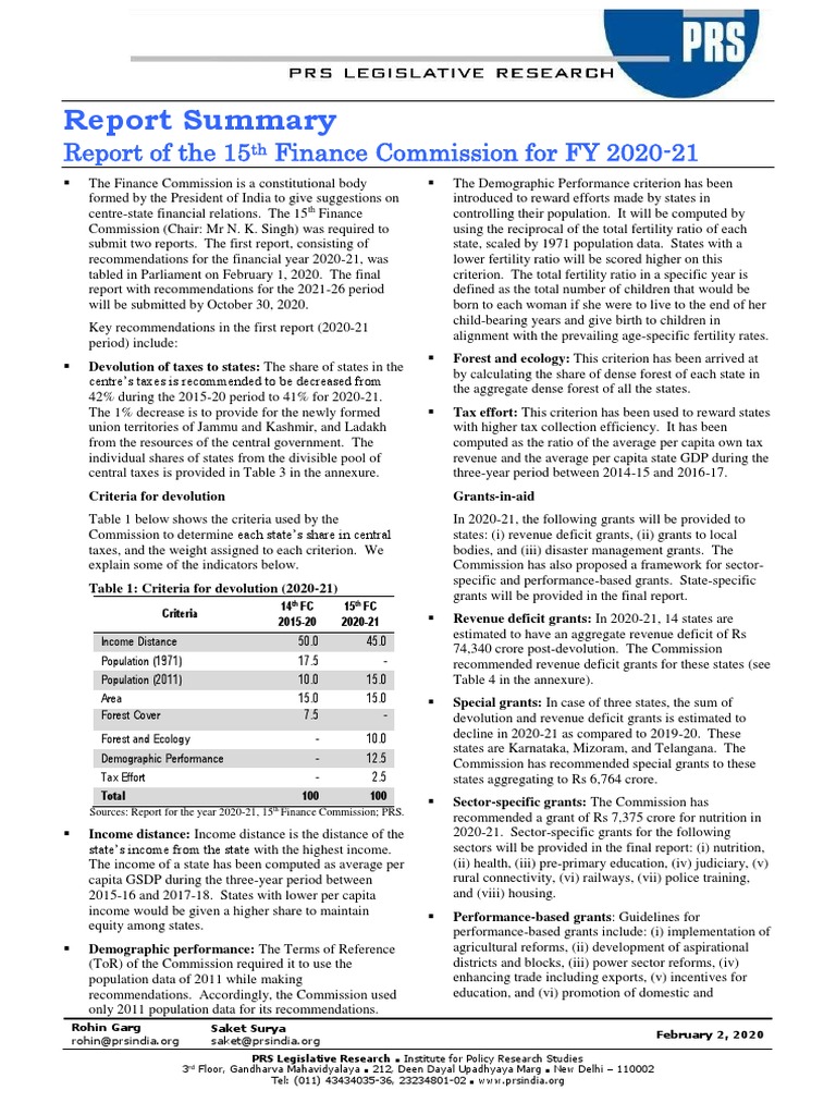 PRS Report Summary of 15th Finance Commission For FY 2020-21 | PDF ...