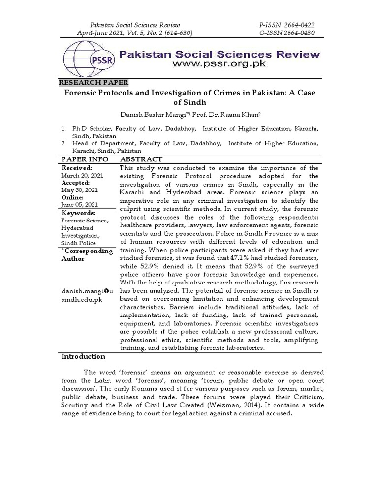 Forensic Protocols and Investigation of Crimes in Pakistan A Case of ...