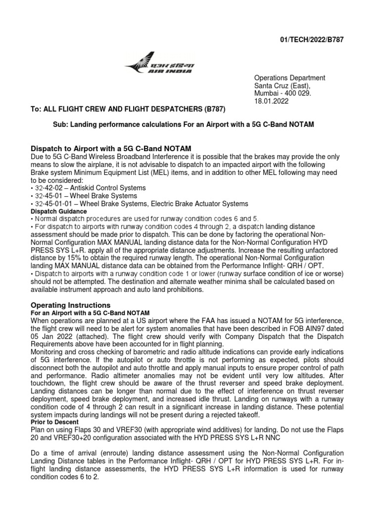 B787 CIRCULAR Landing Performance Calculations For An Airport With A 5G ...