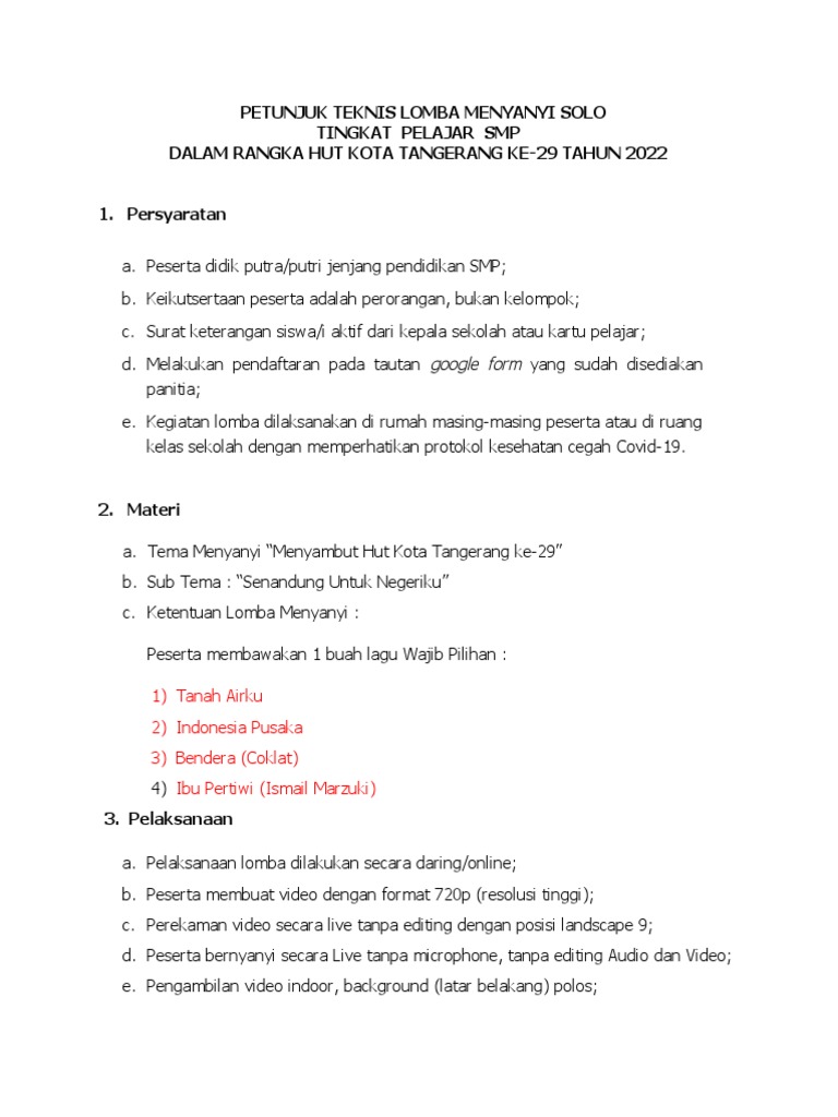 Juknis Lomba Menyanyi Solo SMP Hut Kotang 2022 | PDF