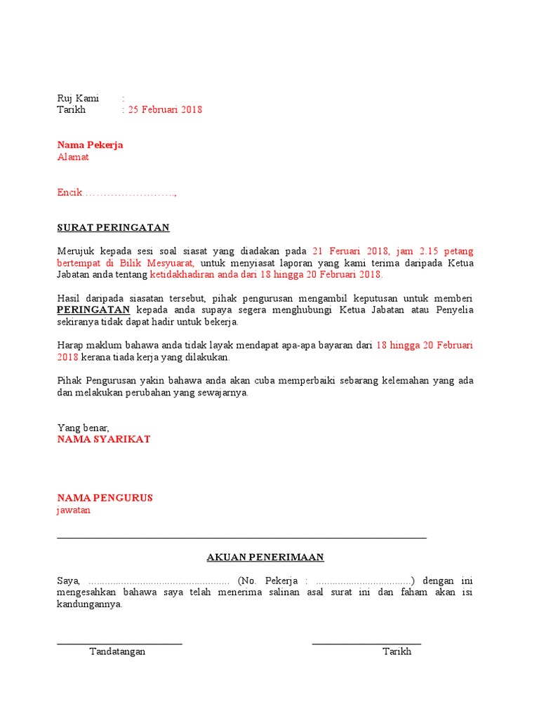 Surat Peringatan Ketidakhadiran Pekerja | PDF